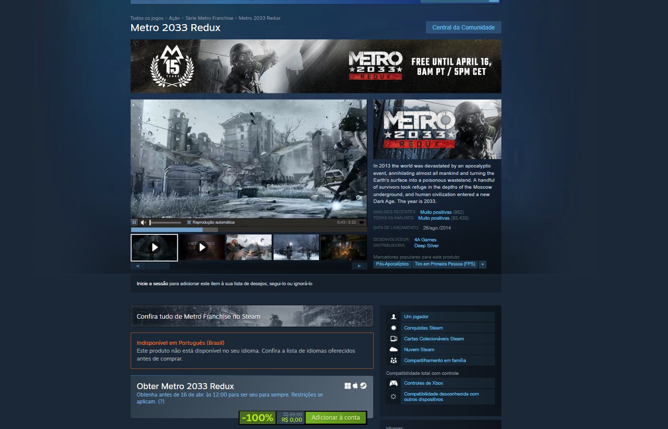 Metro 2033 Redux é liberado de graça para resgate na Steam