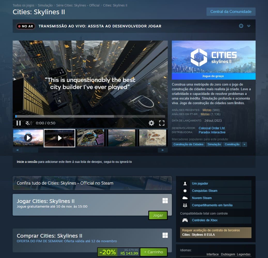 Steam libera Cities: Skylines II de graça para jogar