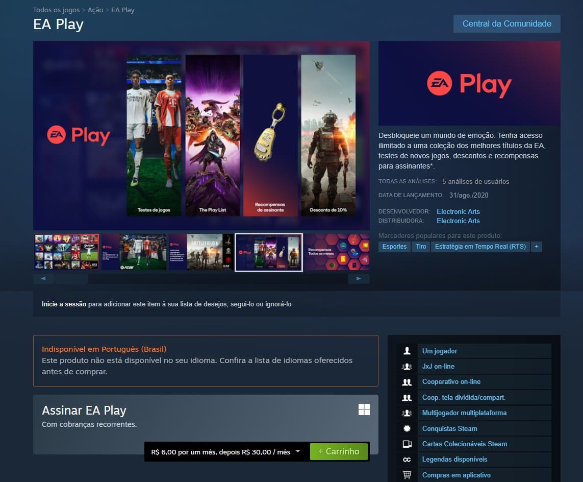 EA Play está custando apenas R$ 6 em promoção no Steam