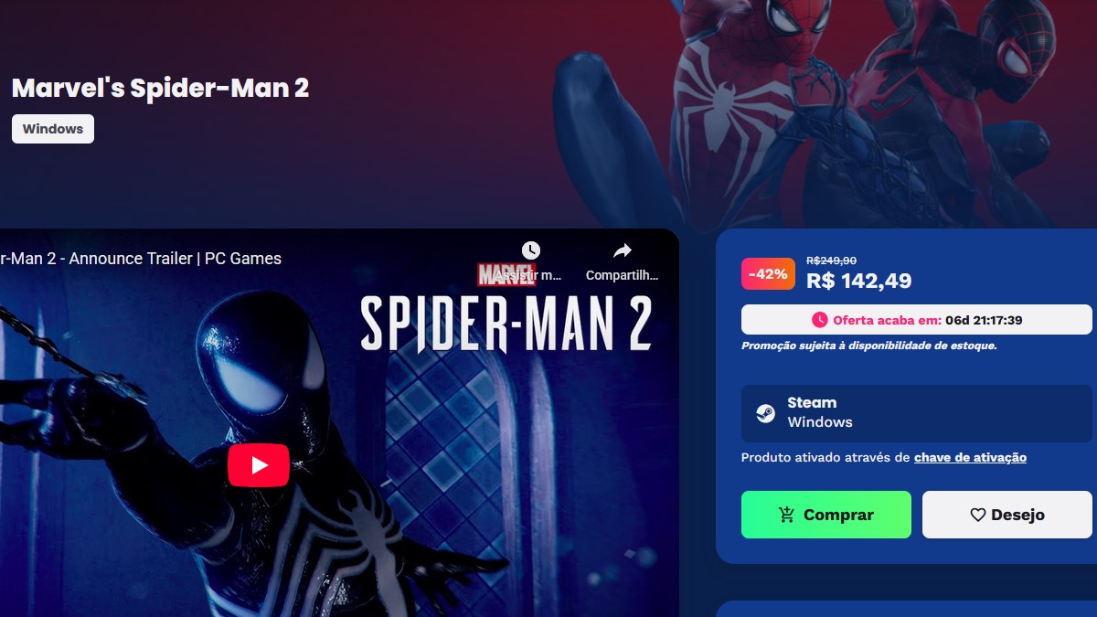 Marvel's Spider-Man 2 atinge menor preço para PC