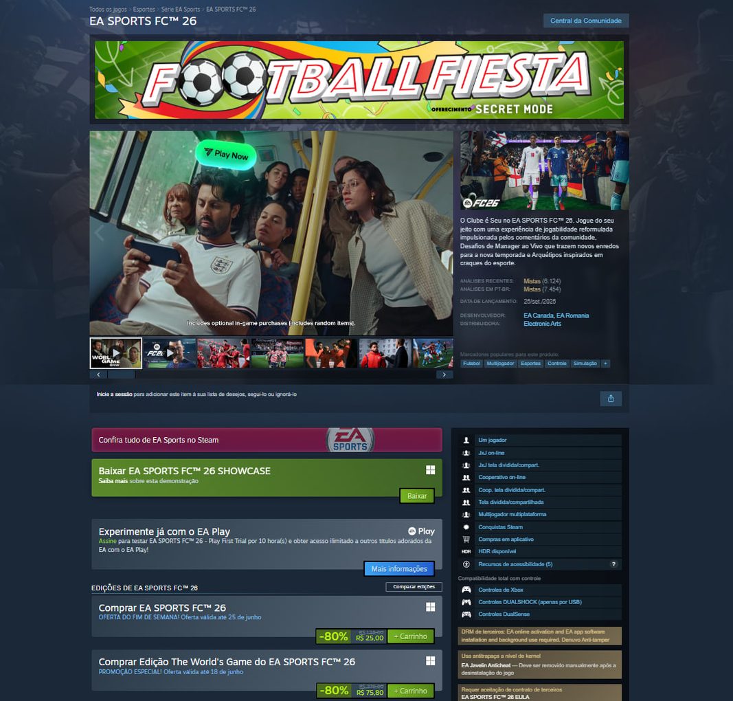 Steam libera EA Sports FC 26 por R$ 25 com 80% de desconto