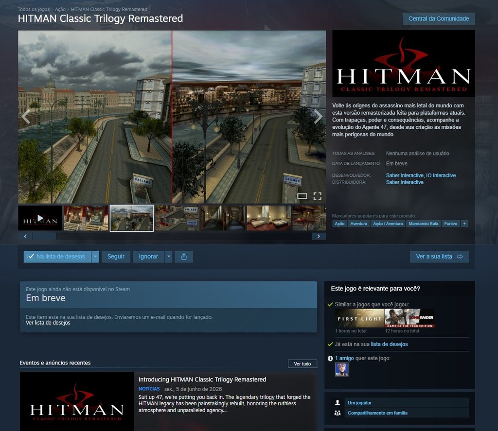 HITMAN Classic Trilogy Remastered é anunciado no Steam